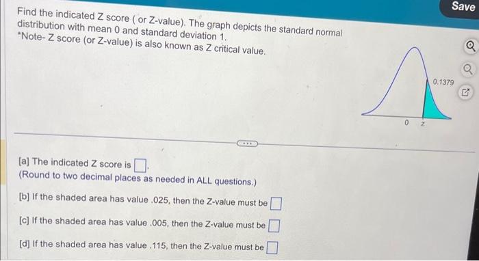 Solved Find the indicated Z score (or Z-value). The graph | Chegg.com