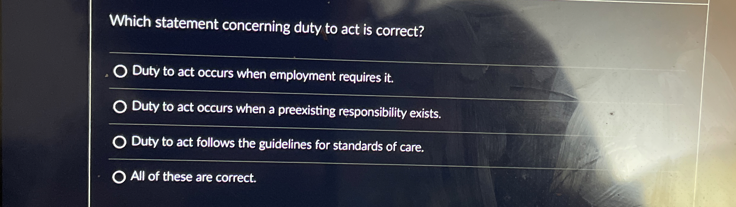 Solved Which statement concerning duty to act is | Chegg.com