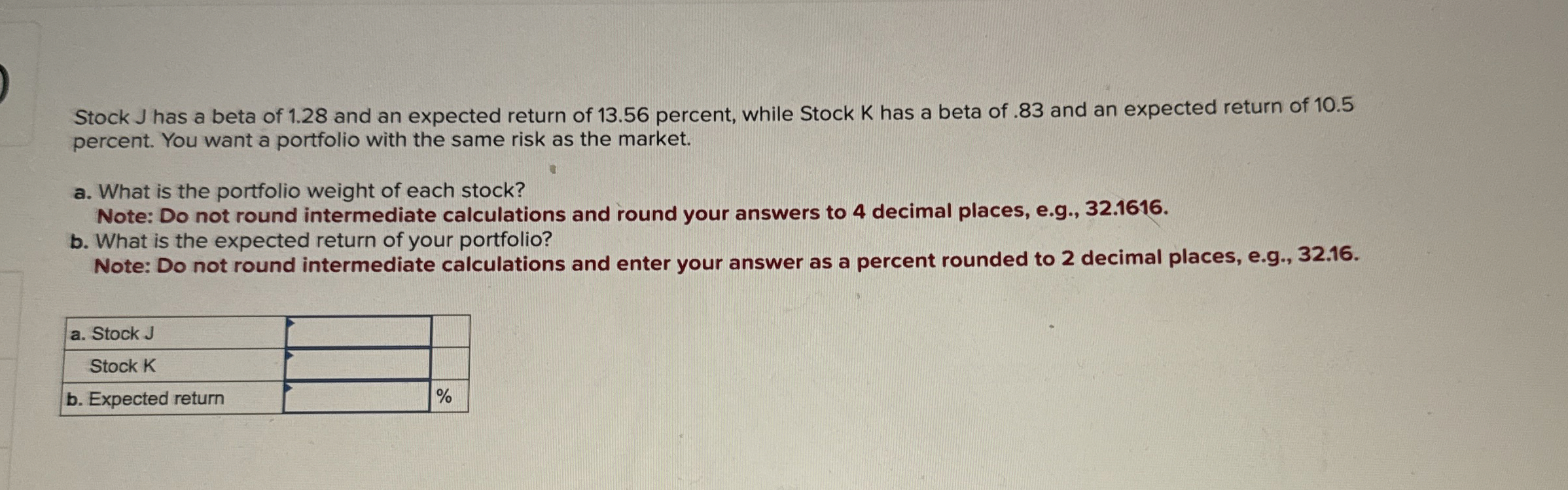 Solved Stock J has a beta of 1.28 ﻿and an expected return of | Chegg.com