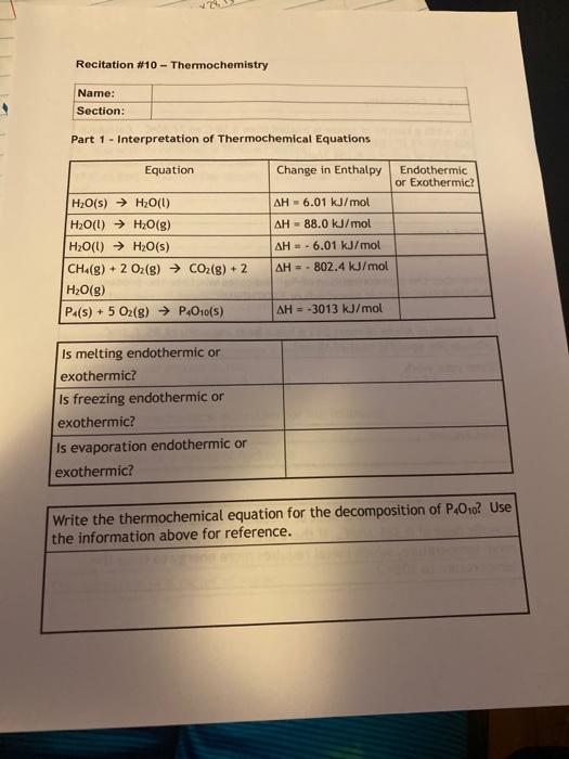 Solved Recitation #10 - Thermochemistry Name: Section: Part | Chegg.com