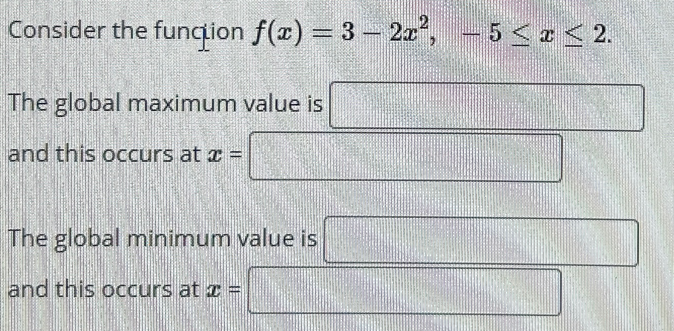 Solved Consider the funciion f(x)=3-2x2,-5≤x≤2.The global | Chegg.com