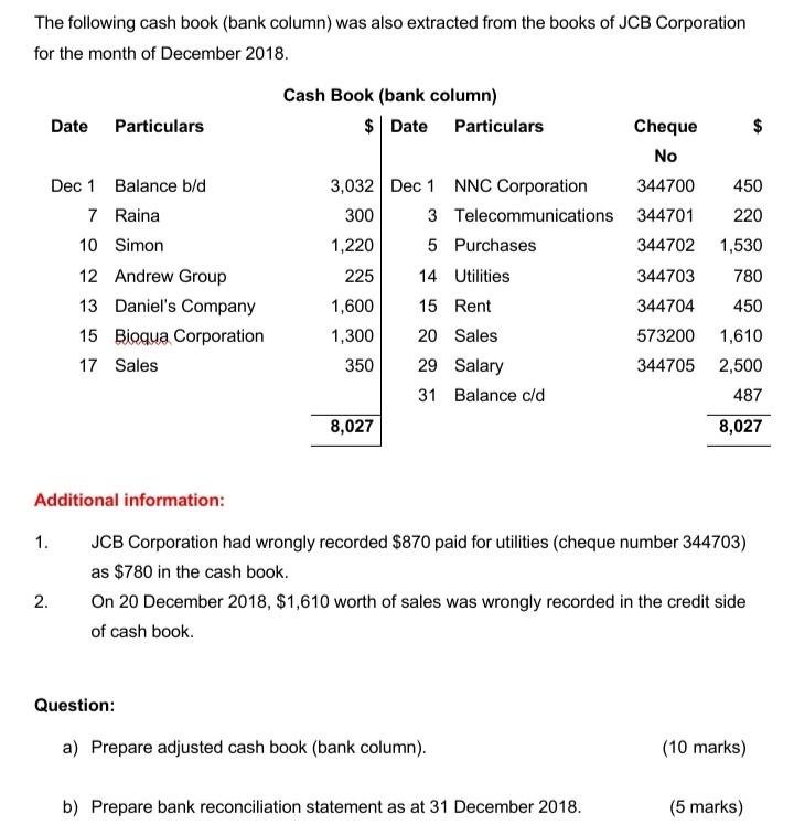 Solved The following is the bank statement received by JCB | Chegg.com