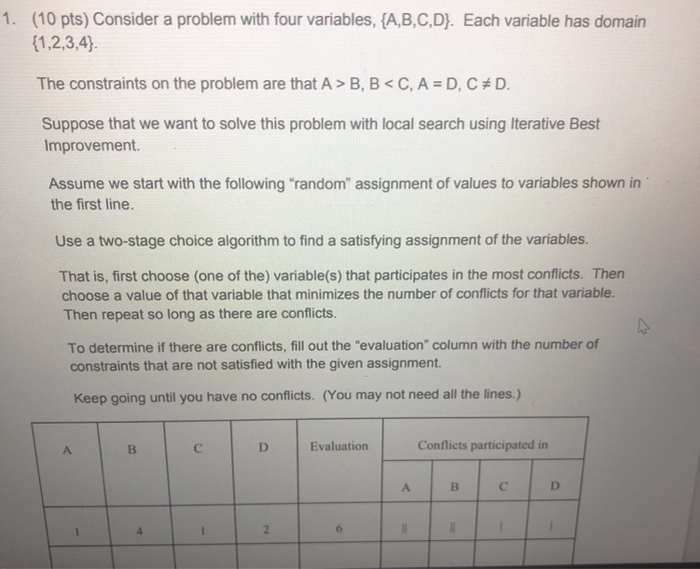 1. (10 pts) Consider a problem with four variables, | Chegg.com