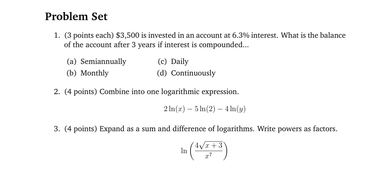 Solved Problem Set(3 ﻿points each) ﻿$3,500 ﻿is invested in | Chegg.com