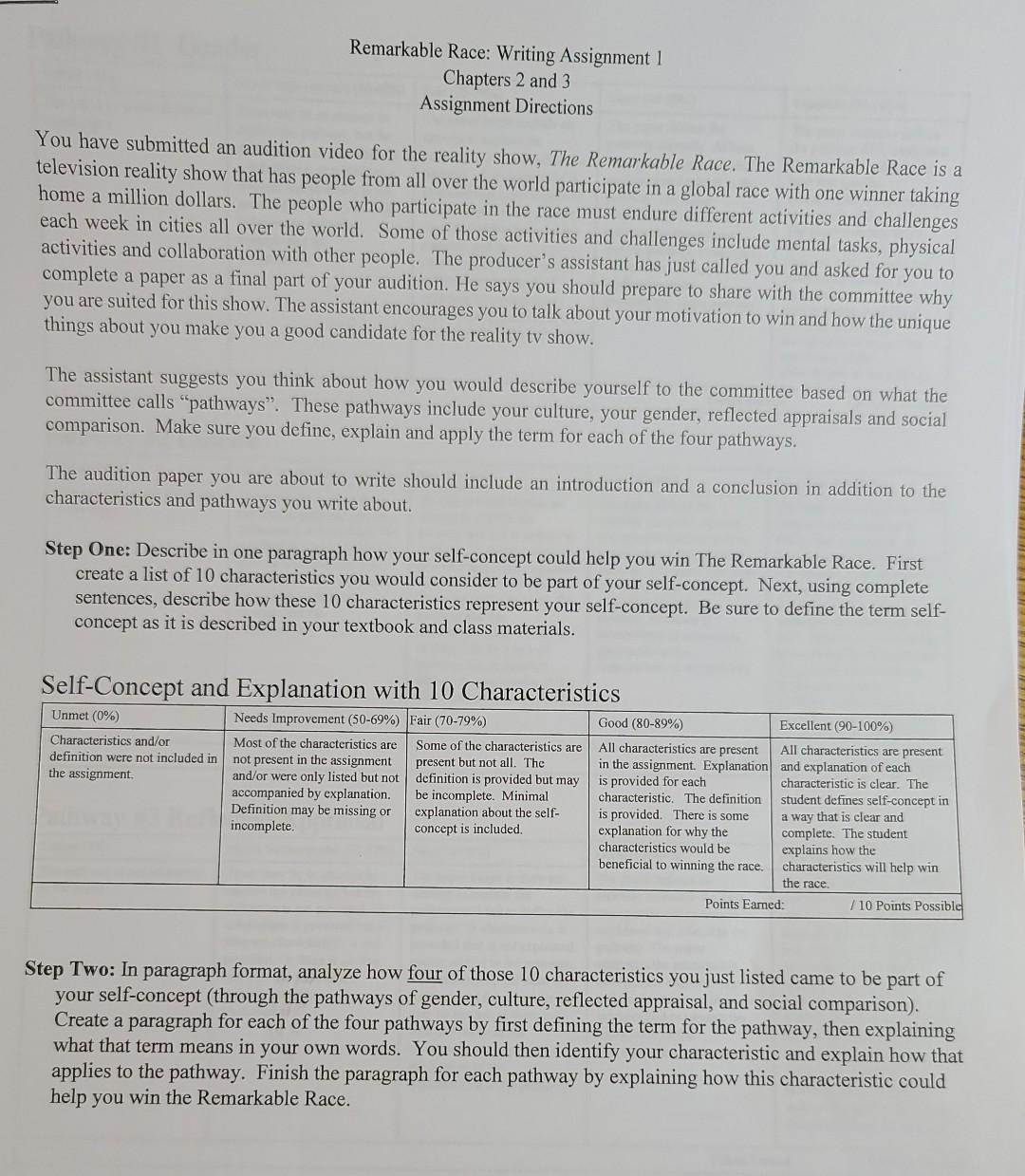 Remarkable Race: Writing Assignment 1 Chapters 2 and | Chegg.com