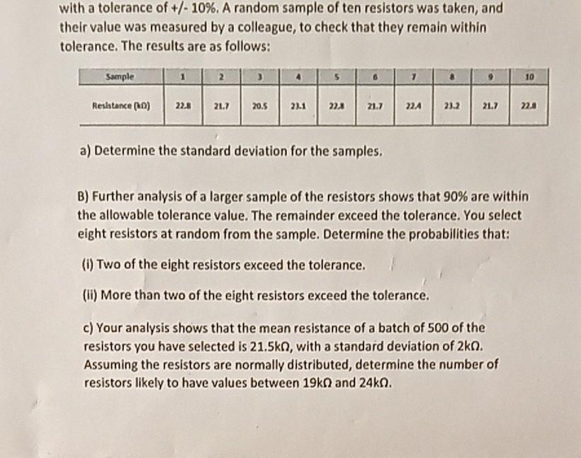 Solved with a tolerance of +/−10%. A random sample of ten | Chegg.com