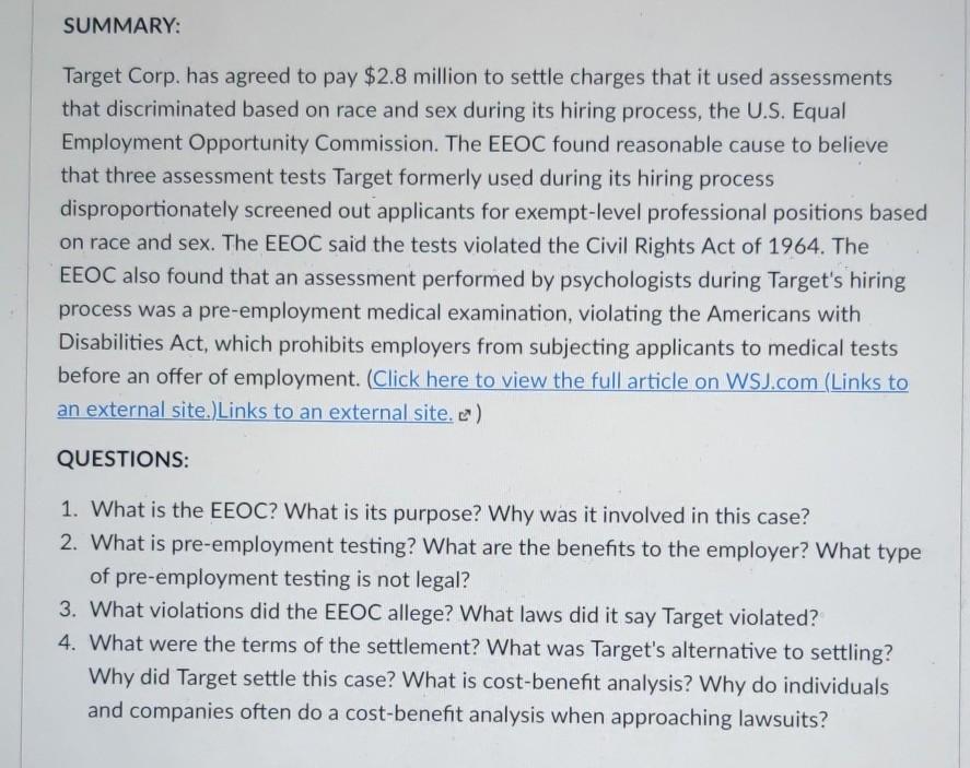 Solved SUMMARY: Target Corp. has agreed to pay $2.8 million | Chegg.com