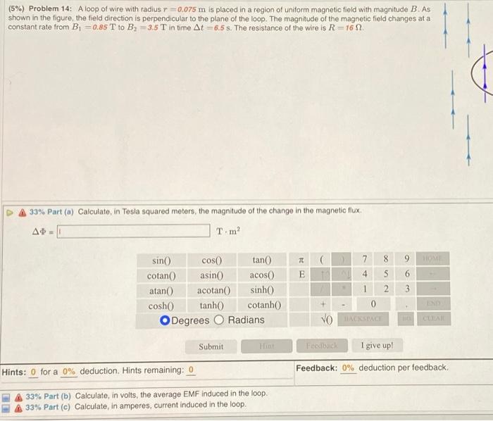 Solved (5\%) Problem 14: A loop of wire with radius r=0.075 | Chegg.com