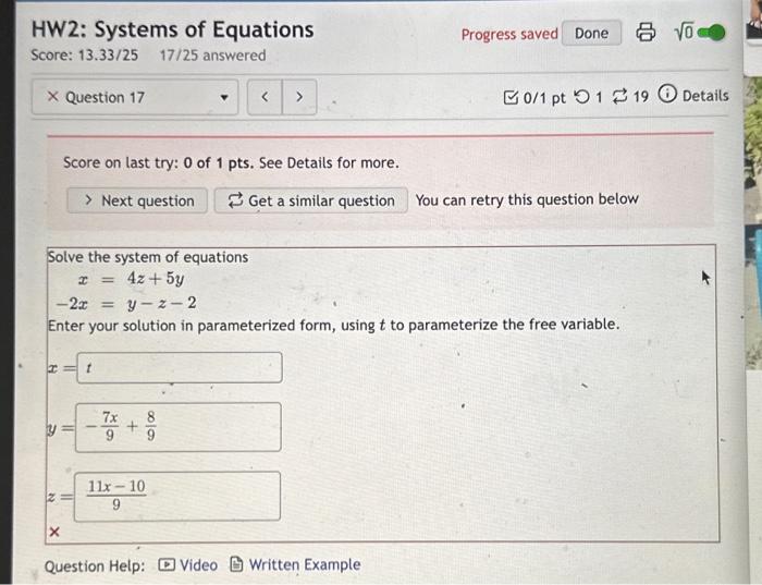 Solved HW2: Systems of Equations Progress saved Done Score: | Chegg.com