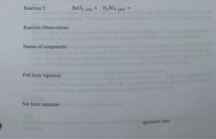 Solved Reaction 5: BaCl2 (aq) + H2SO4 (aq) → Reaction | Chegg.com
