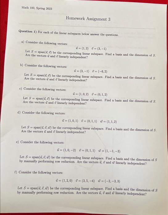 Solved Question 1) For each of the linear subspaces belon | Chegg.com