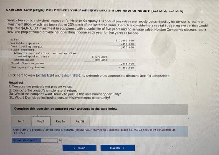 Solved Exercise 12-9 (Algo) Net Present Value Analysis and | Chegg.com