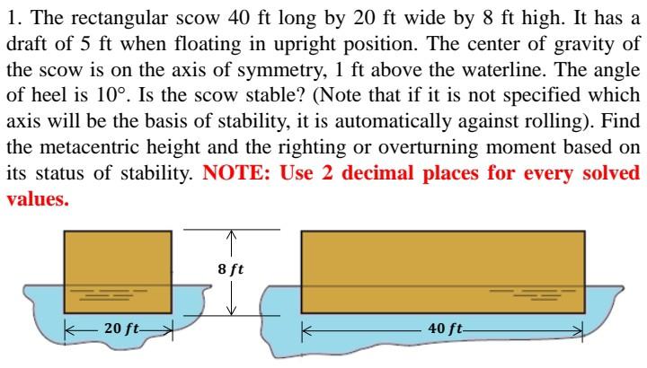 Solved 1. The rectangular scow 40 ft long by 20 ft wide by 8 | Chegg.com