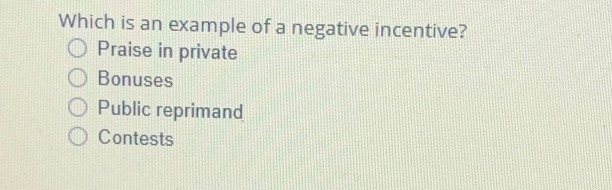 Solved Which is an example of a negative incentive?Praise in | Chegg.com