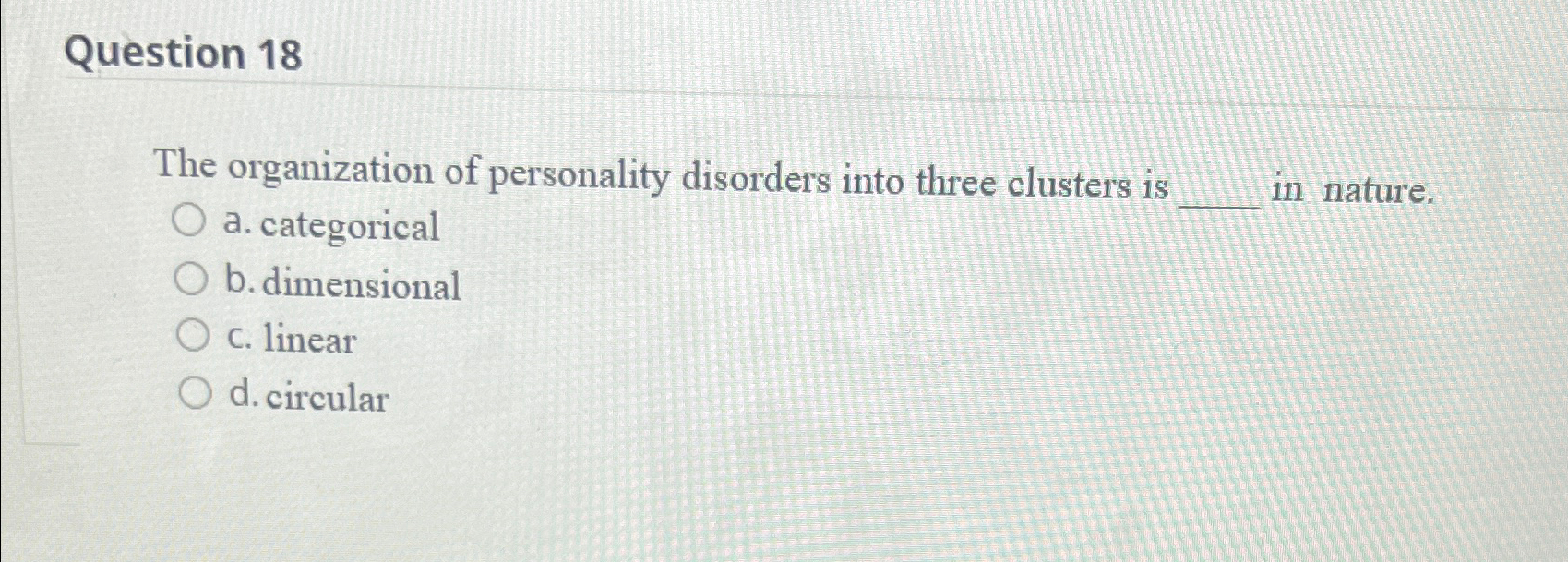 Solved Question 18The organization of personality disorders | Chegg.com