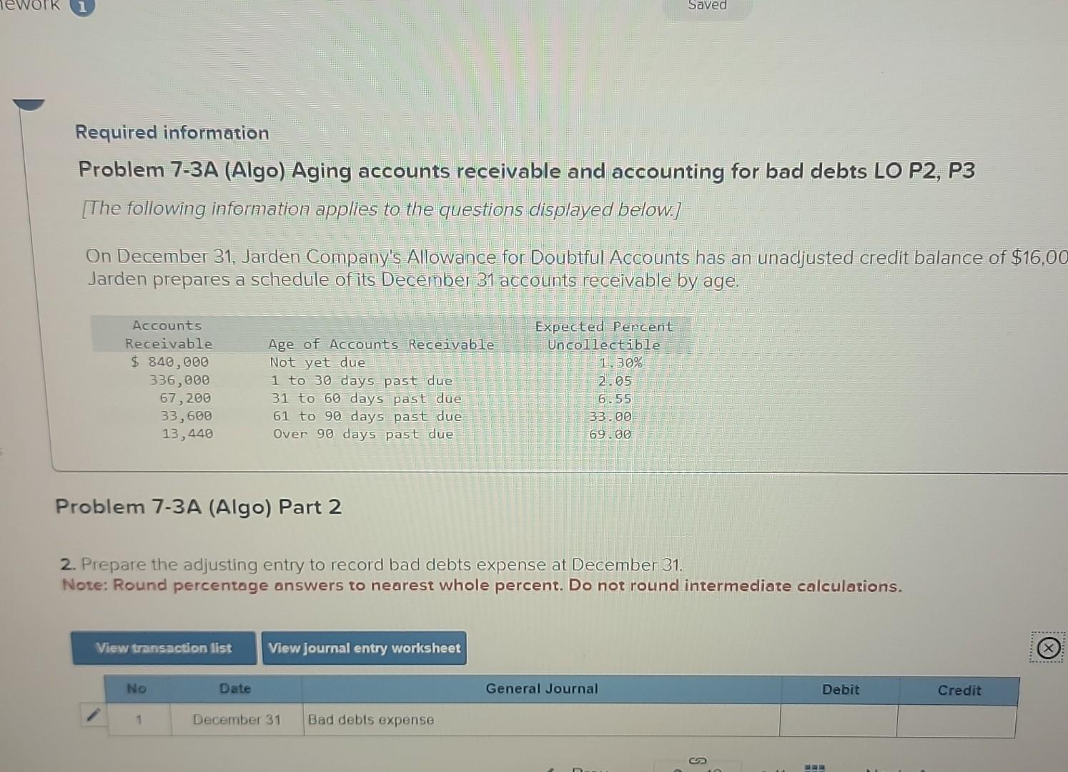 Solved Required information Problem 7-3A (Algo) Aging | Chegg.com