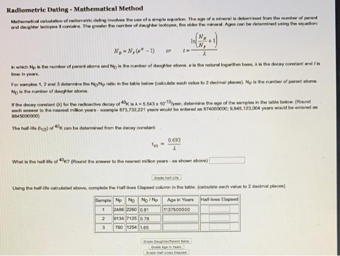 Solved Radiometric Dating - Mathematical Method Mathematical | Chegg.com
