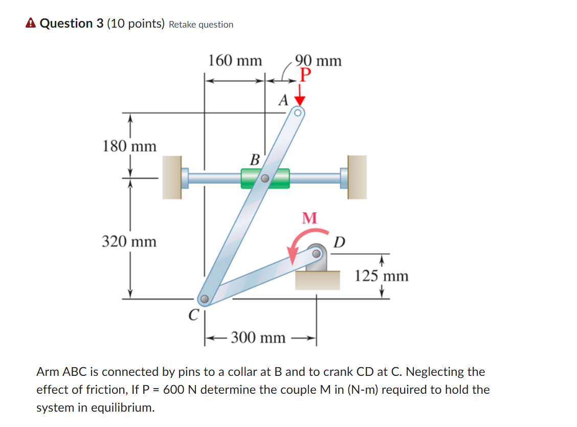 Solved Arm ABC is connected by pins to a collar at B and to | Chegg.com