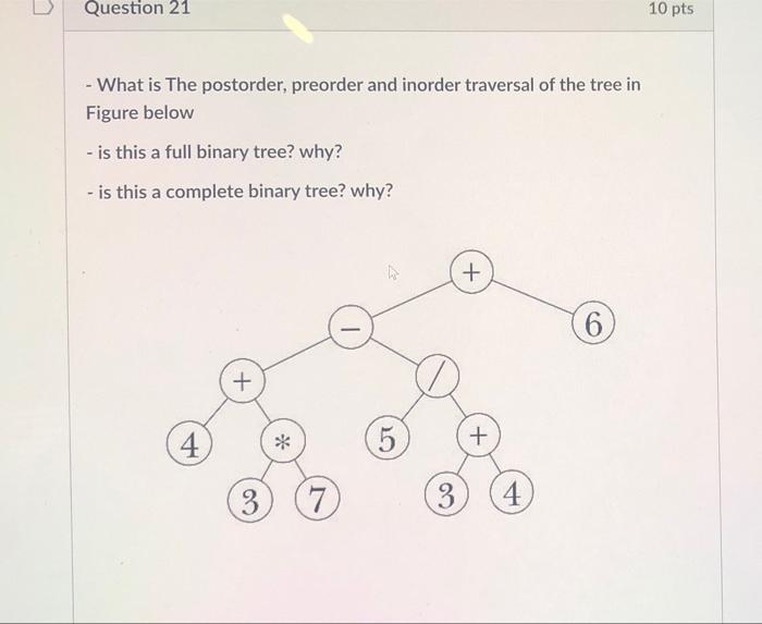 Solved Question 21 10 pts - What is The postorder, preorder | Chegg.com