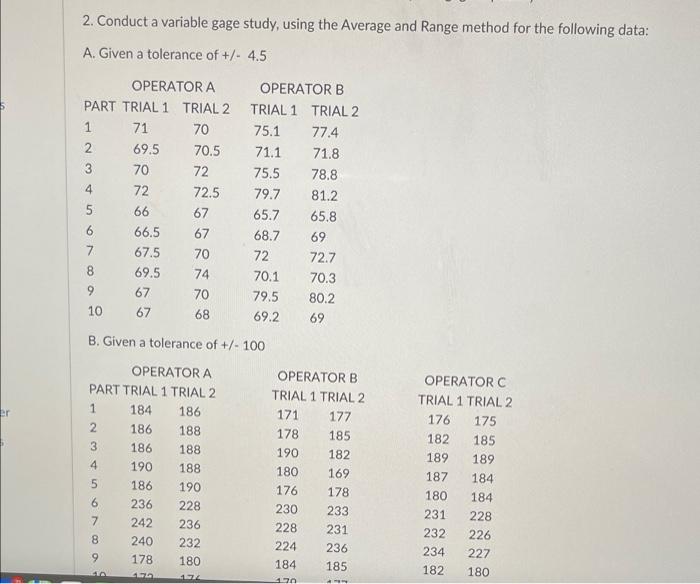 Solved 2. Conduct a variable gage study, using the Average | Chegg.com