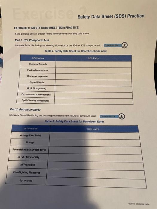 Solved Exercise Safety Data Sheet (SDS) Practice ) EXERCISE | Chegg.com