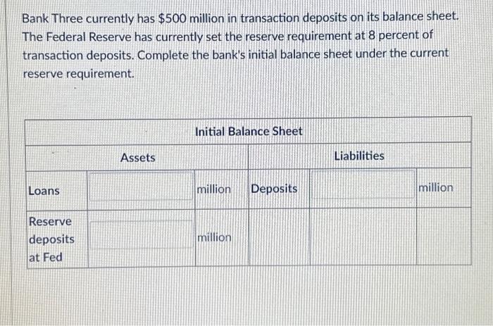 Solved Bank Three currently has $500 million in transaction | Chegg.com