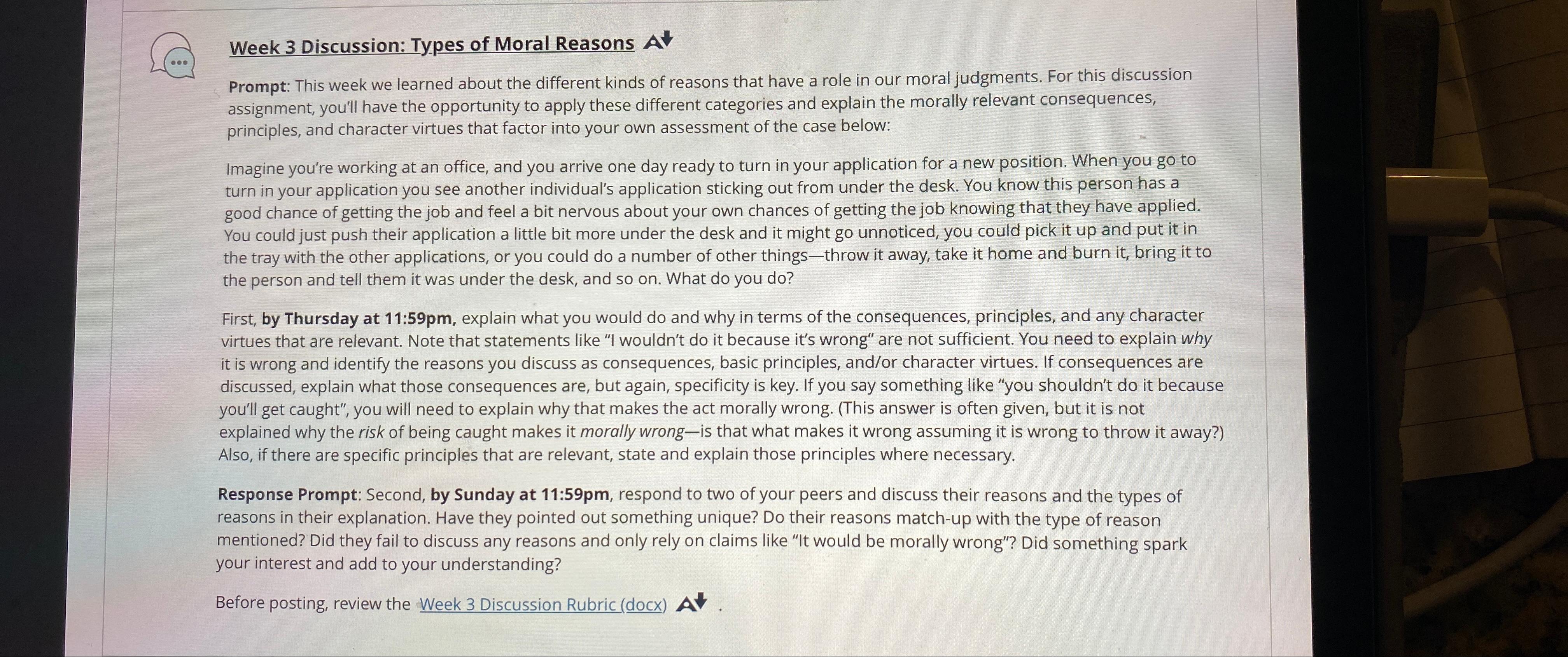 Solved Week 3 ﻿Discussion: Types of Moral ReasonsPrompt: | Chegg.com