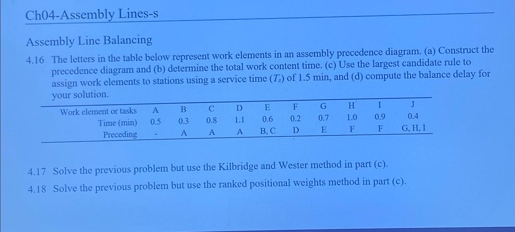 Solved Ch04-Assembly Lines-sAssembly Line Balancing4.16 ﻿The | Chegg.com