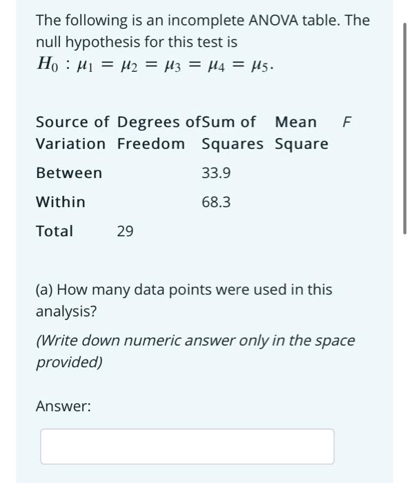 Solved The following is an incomplete ANOVA table. The null | Chegg.com