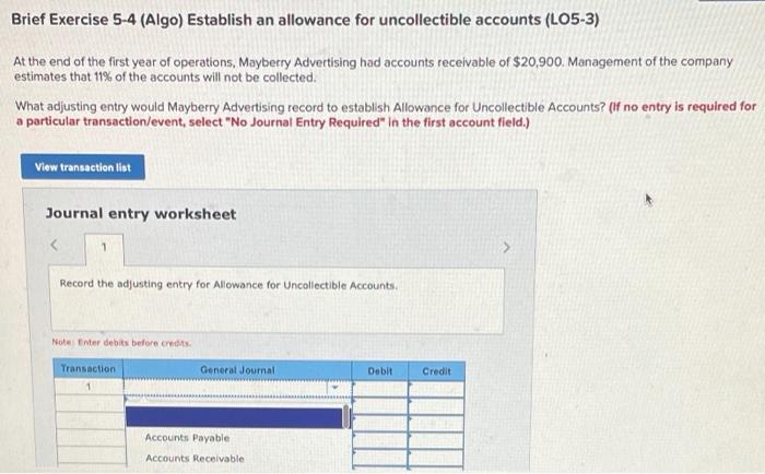Solved Brief Exercise 5-4 (Algo) Establish an allowance for | Chegg.com