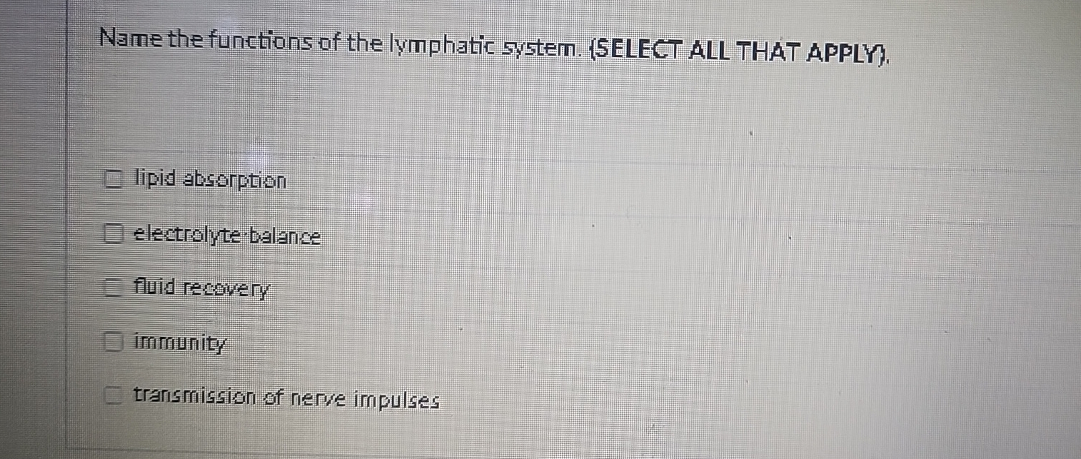 Solved Name the functions of the lymphatic system. (SELECT | Chegg.com