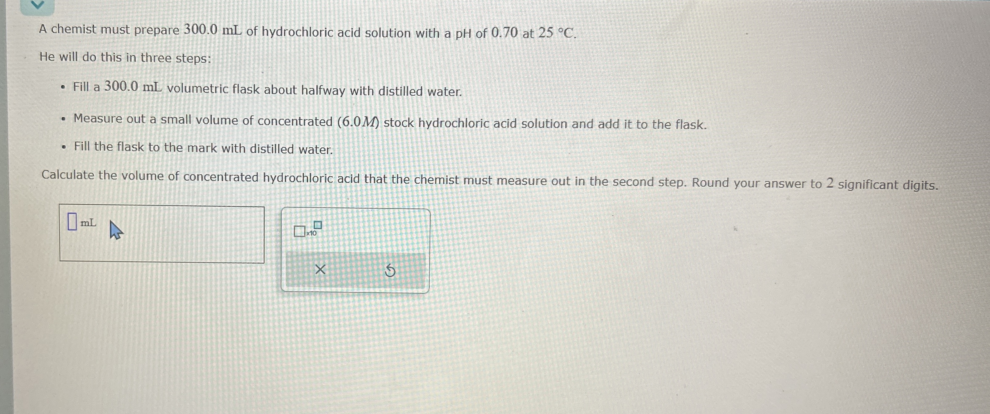 Solved A chemist must prepare 300.0 ﻿mL of hydrochloric acid | Chegg.com