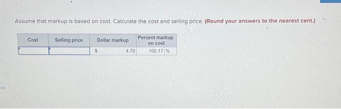 Solved Assume that markup is based on cost. Calculate the | Chegg.com