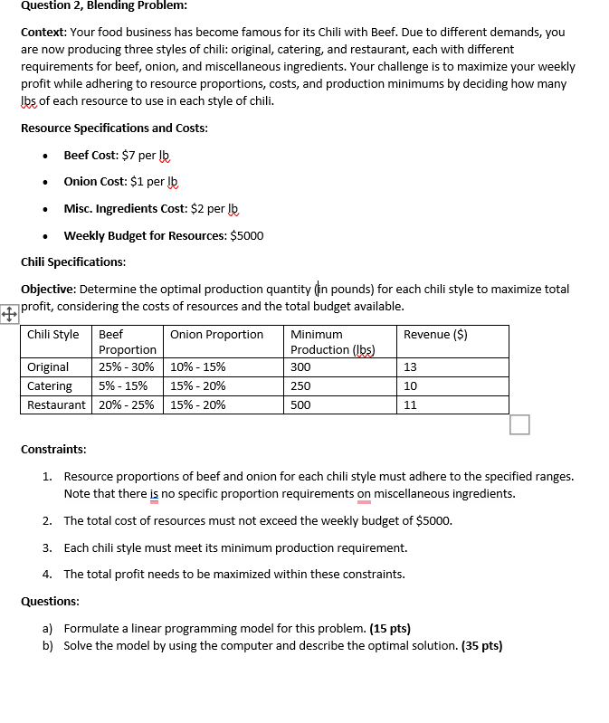 Solved Question 2, ﻿Blending Problem:Context: Your food | Chegg.com