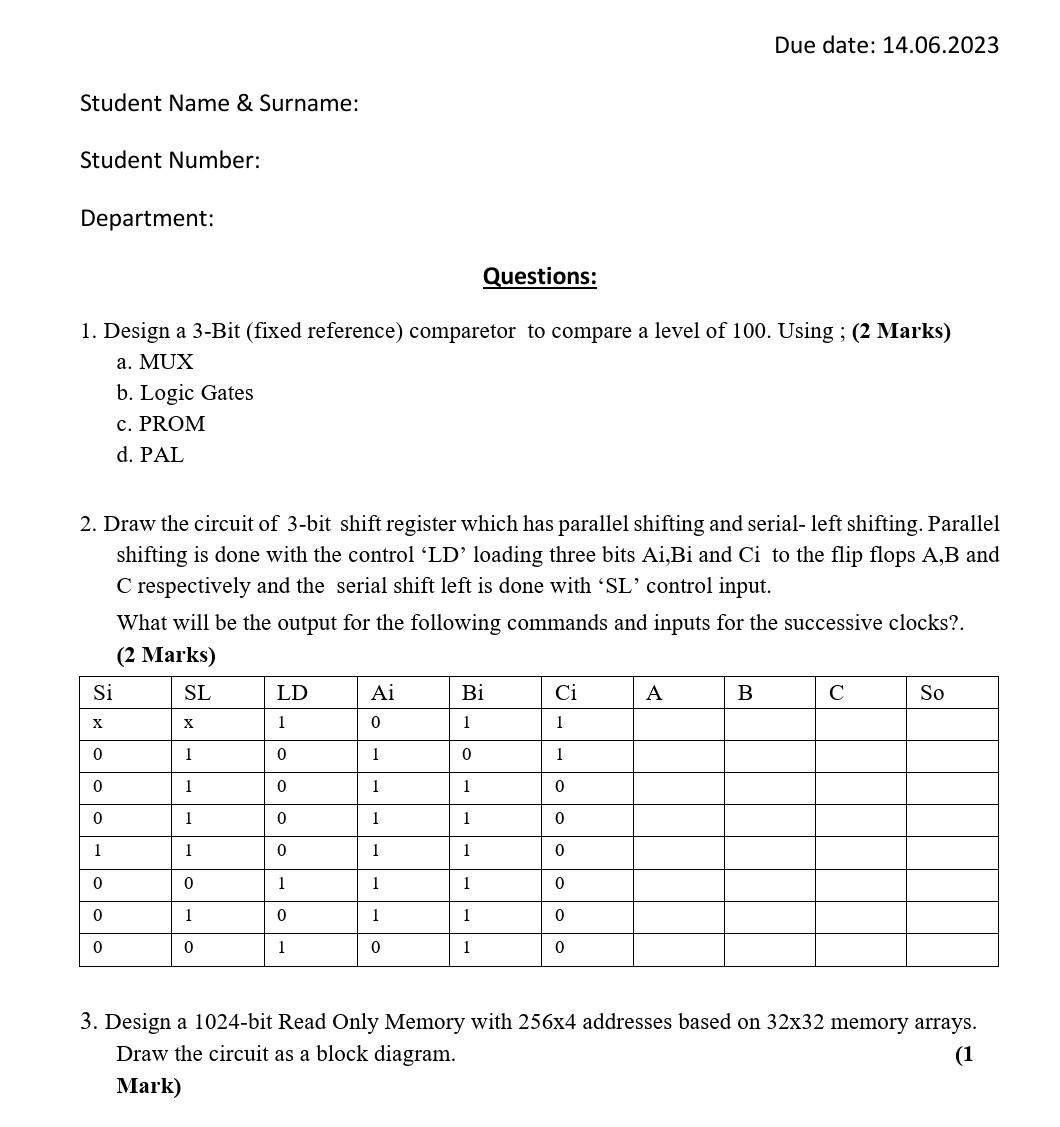 Solved 1. Design a 3-Bit (fixed reference) comparetor to | Chegg.com
