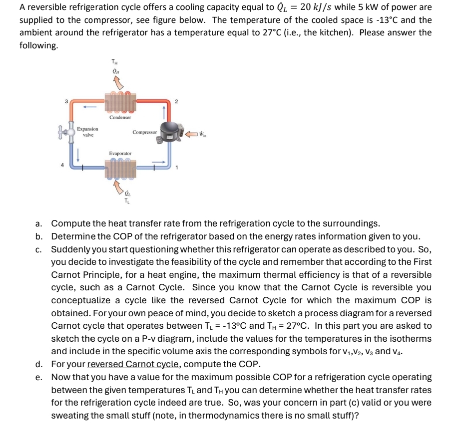 Solved A reversible refrigeration cycle offers a cooling | Chegg.com