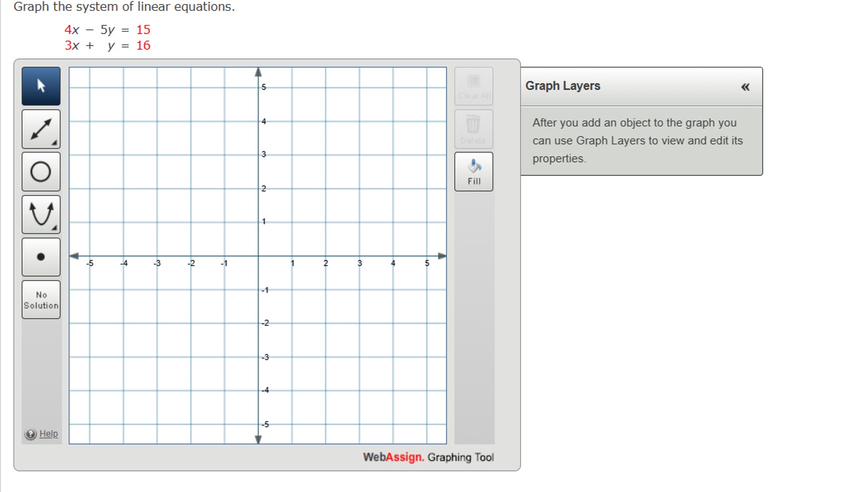 Solved Graph the system of linear equations.4x-5y=153x+y=16 | Chegg.com