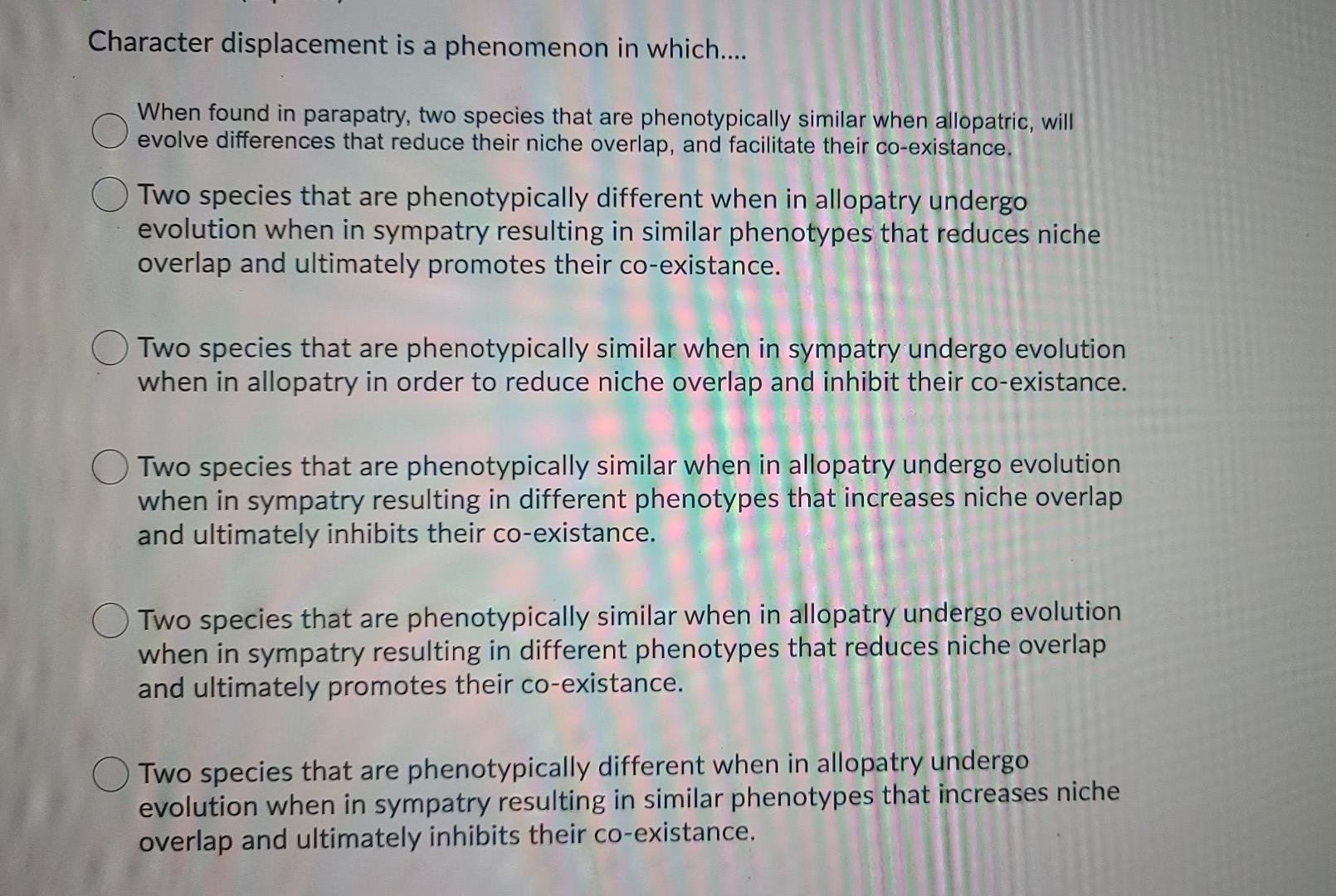 Solved Character displacement is a phenomenon in which.... | Chegg.com