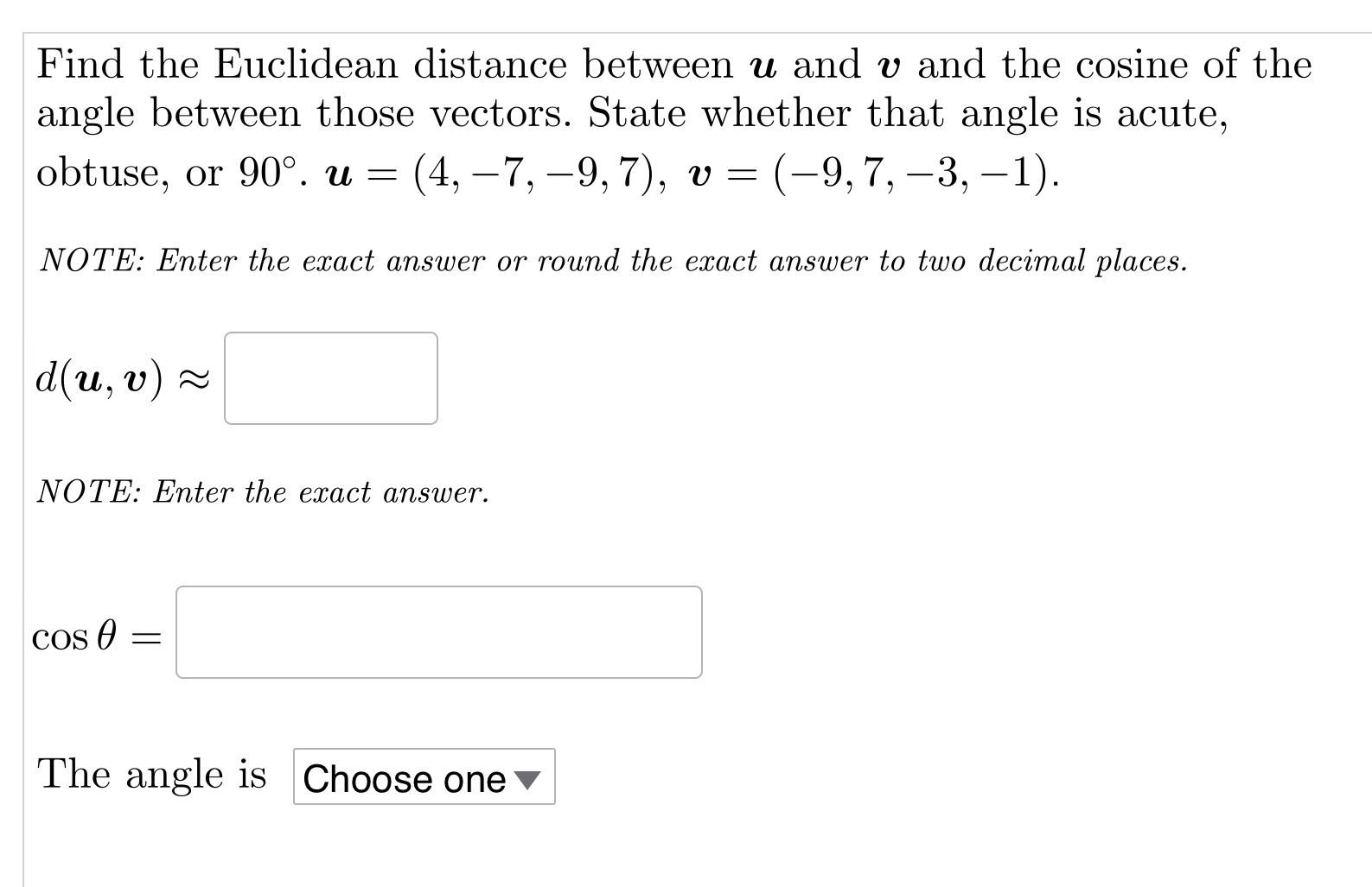 Solved Find the Euclidean distance between u ﻿and v ﻿and the | Chegg.com