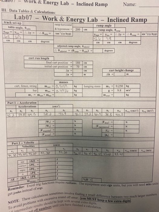 ork & Energy Lab - Inclined Ramp Name: III. Data | Chegg.com