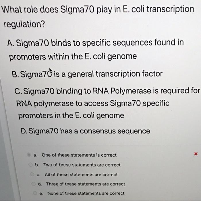 Solved What role does Sigma70 play in E. coli transcription | Chegg.com
