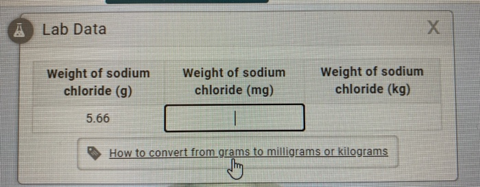 Solved BI Lab Data Weight of sodium chloride (9) Weight of | Chegg.com