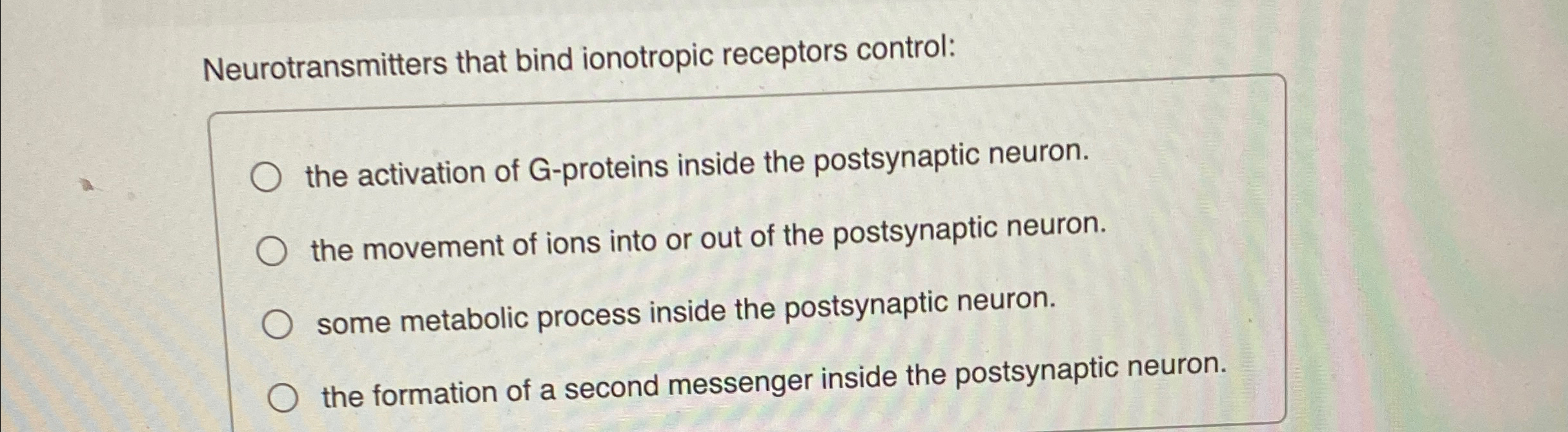 Solved Neurotransmitters that bind ionotropic receptors | Chegg.com