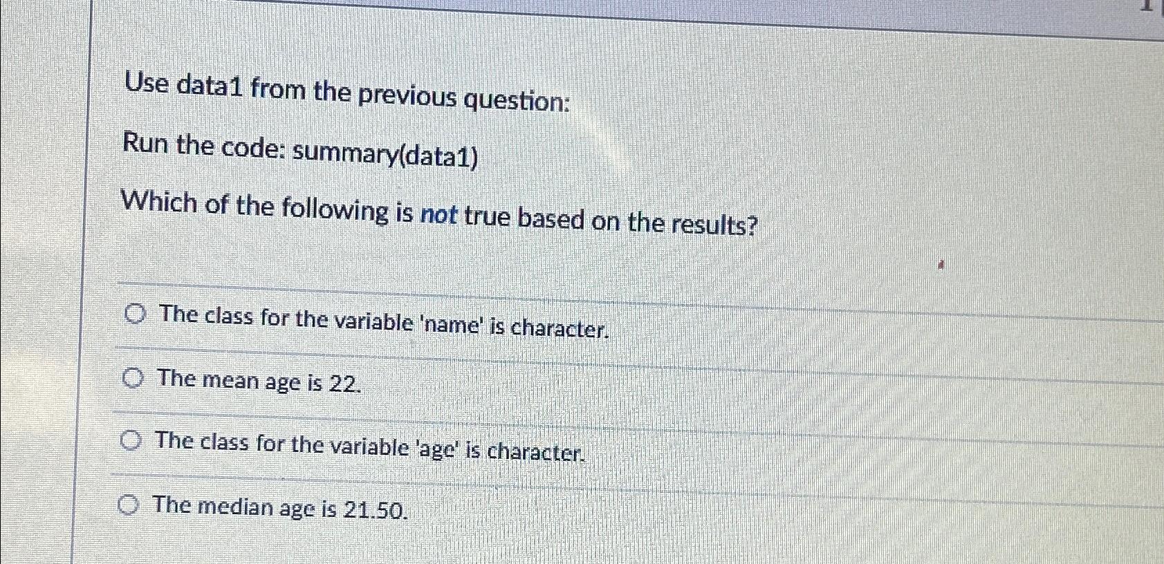 Solved Use data1 ﻿from the previous question:Run the code: | Chegg.com