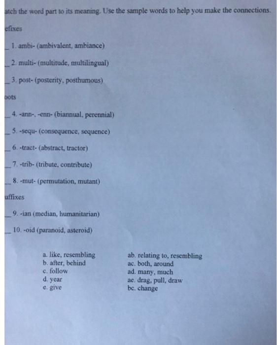 Solved atch the word part to its meaning. Use the sample | Chegg.com