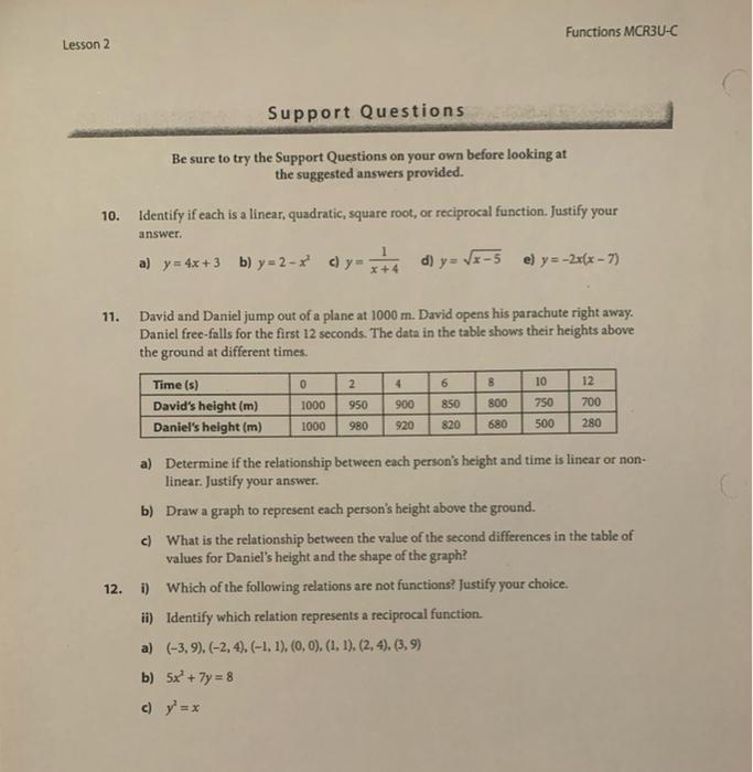 Solved Functions MCR3U-C Lesson 2 Support Questions Be sure | Chegg.com