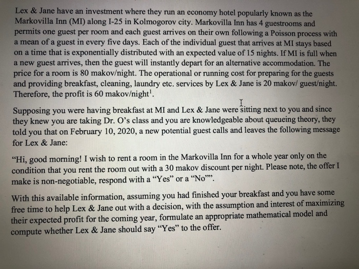 Lex & Jane have an investment where they run an | Chegg.com