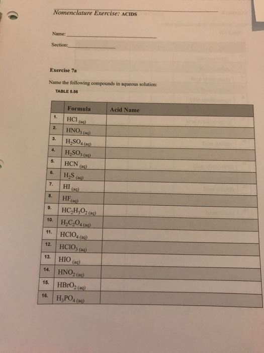 Solved Nomenclature Exercise: ACIDS Name: Section: Exercise | Chegg.com