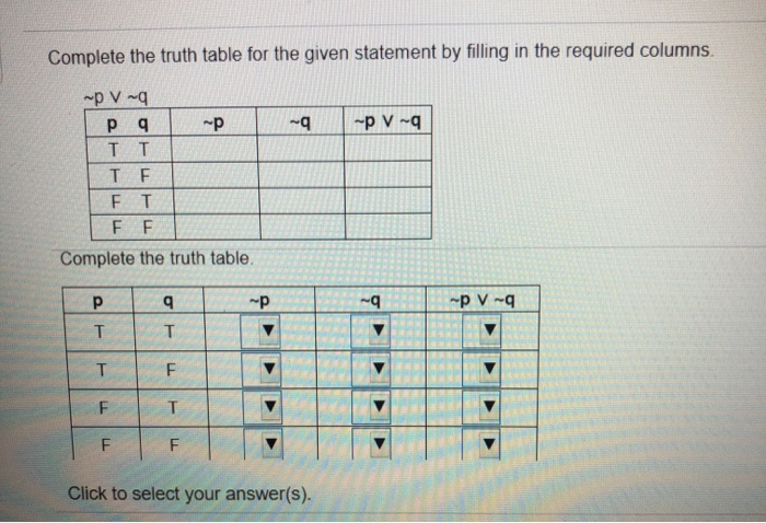 Solved Construct a truth table for the given statement. pv | Chegg.com