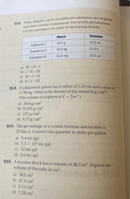 Solved Q12. Three samples, each of a different substance, | Chegg.com